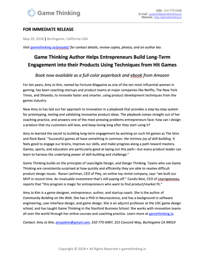 game thinking press release - Game Thinking